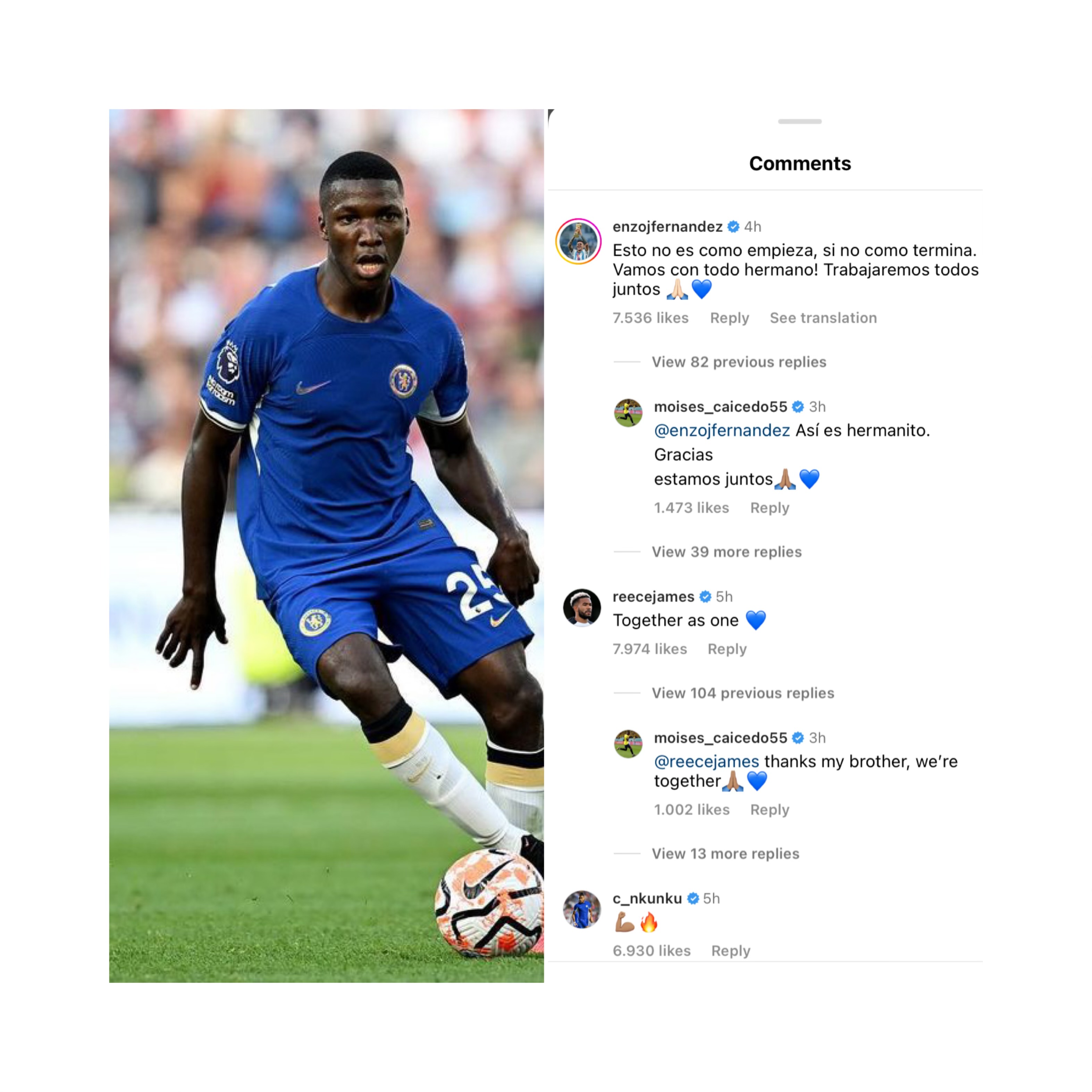 Enzo Fernández muestra su apoyo a Moisés Caidedo tras amargo debút